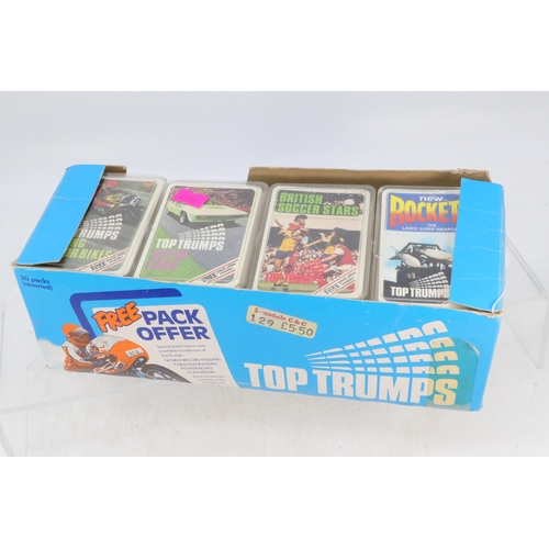 Original 1970's Top Trumps trade box containing 20 different packs of cards