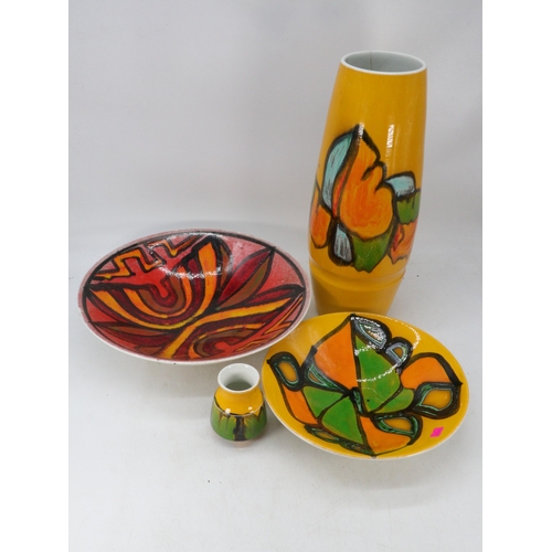 Tall Poole studio delphis vase, hair line noted together with two ...