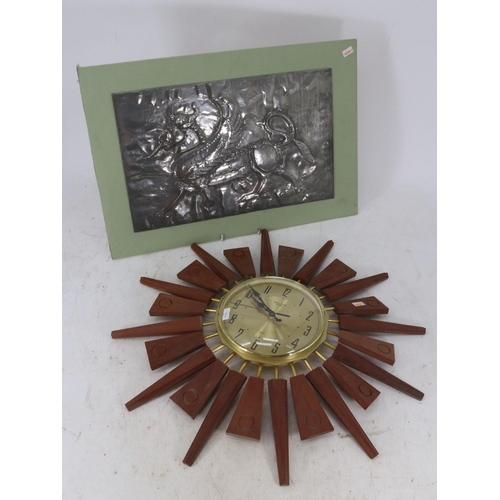 An Anstey Wilson 70s sunburst style clock together with a hammered ...