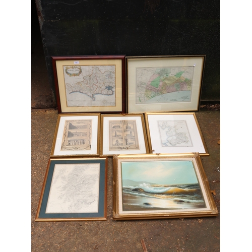 A selection of vintage framed maps including Dorsetshire, prints, oil ...