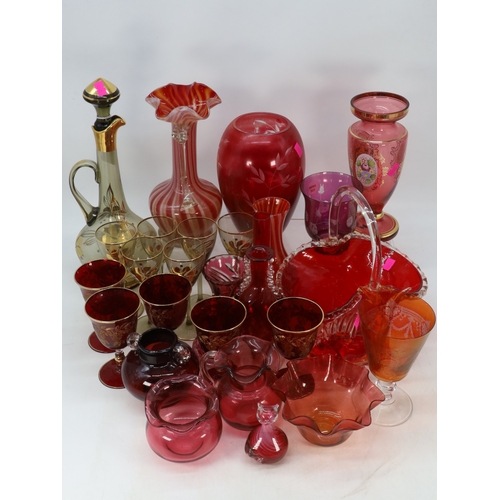Selection of mainly red glass ware to include vases, baskets and a ...