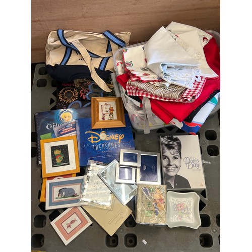 Box of assorted sundries, linen, Disney books and Winnie the Pooh ...