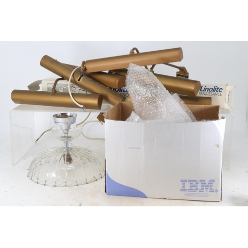 A glass ceiling lamp together with eight Linolite Renaissance brass ...