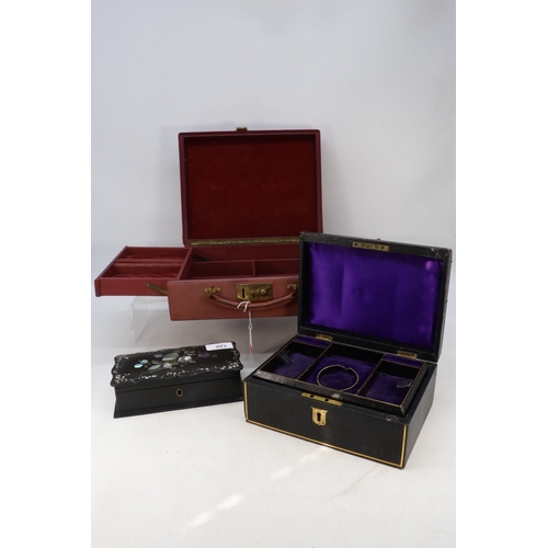 Antique rexine covered jewellery box, small jewellery case, and a ...