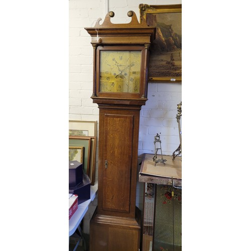Antique oak cased Grandfather clock with brass face, 8 day "Mark Rogers" Ringwood, 4 pillar movement