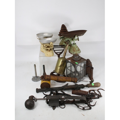 Collection of scales, lantern, weed spray etc