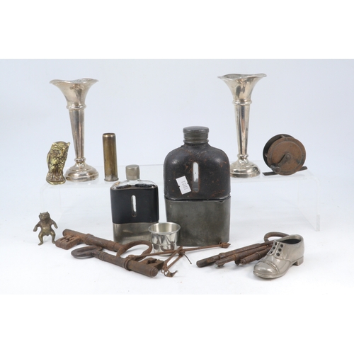 A pair of silver weighted trumpet vases together with hip flasks, brass ...