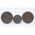 Two 1797 cartwheel pennies together with another coin 1799