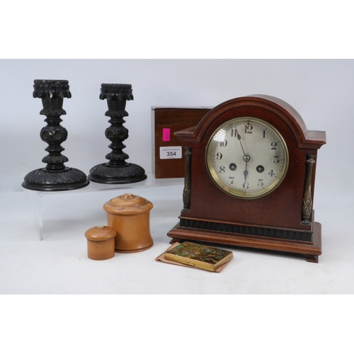 Pair of Bog oak? carved candlesticks, treen pot, wooden box, mahogany ...
