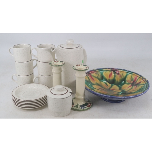 Poole Pottery Studio Bowl together with a pair of poole candle sticks ...
