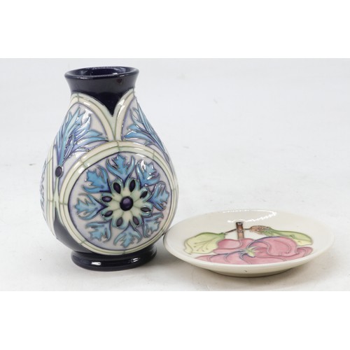 Small Moorcroft vase together with a pin dish