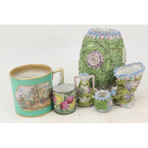 Pratt ware mug selection of antique moss ware vases etc