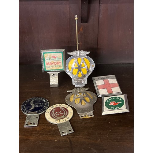 Two vintage AA badges together with England car badge and two Caravan ...