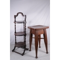 Oak stool, tiffen table and an oak carved cake stand