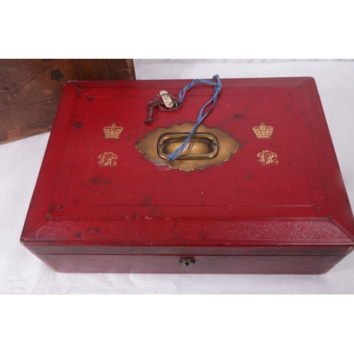 Red leather dispatch box with brass handle, embossed Edward VII crown ...