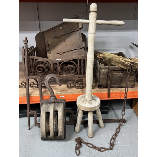 Cast Iron Fire Grate, Cast Iron Sign Bracket, Wooden Dolly, Large Cast ...