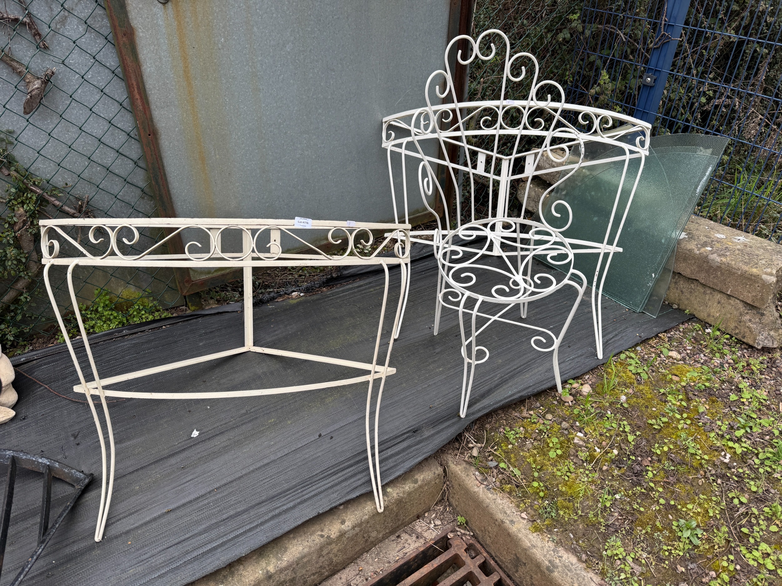 Pair of Wrought Iron Metal Corner Tables with Insert Glass - One A/F ...