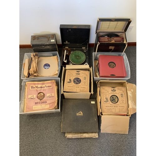 A vintage 'Academy' wind-up gramophone plus seven boxes and tubs of 78 ...