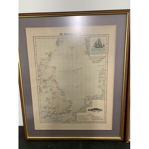 Two vintage framed maps (one glazed) 'The Piscatorial Atlas', 'Cod' and ...