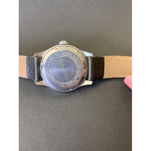 A vintage Marvin Automatic wristwatch on black leather strap, 30mm dia ...