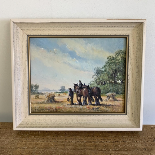 Joe Crowfoot (1946-2017), framed oil on board of a heavy horse harvest ...