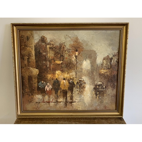A framed oil on board of a street scene, signed lower left Barton ...