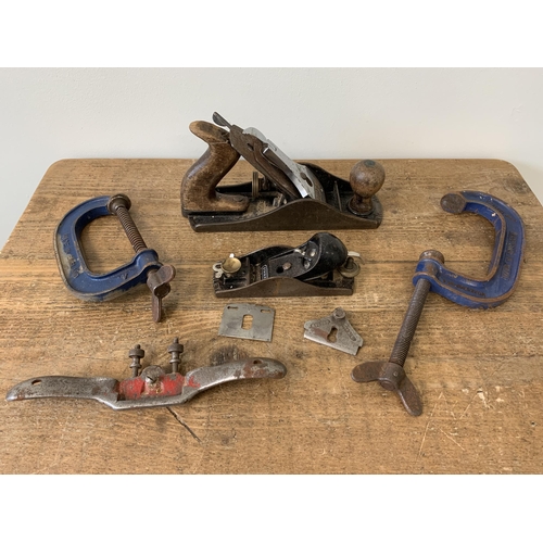 Two vintage Stanley wood planes plus clamps etc