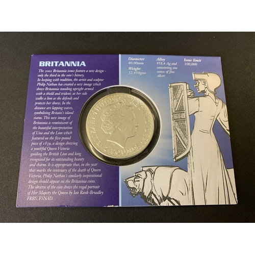 A cased 2001 Royal Mint Britannia two pound coin, one ounce of fine silver
