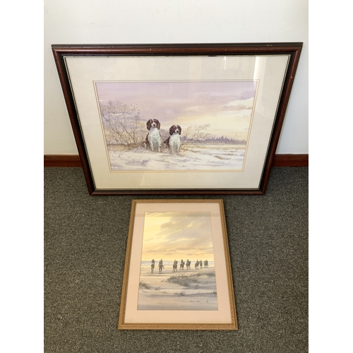 A framed and glazed watercolour by Harry Clow dated '90 of two spaniels ...