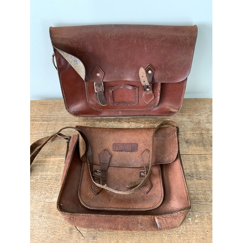 Two mid century leather school satchels (signs of age and use)