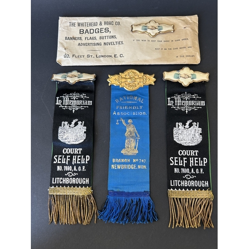 Three vintage Friendly Societies cloth banners with pin badges and ...