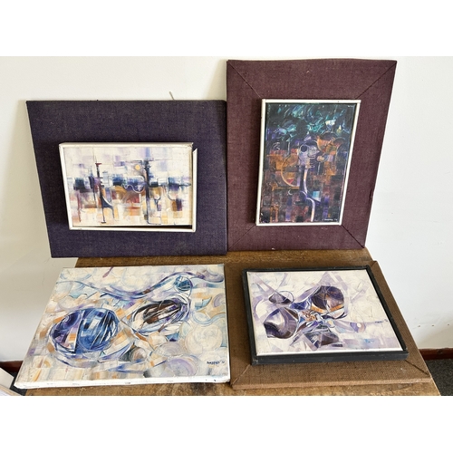 Artist 'Tunstall', four various abstract oil pictures on canvas, three ...