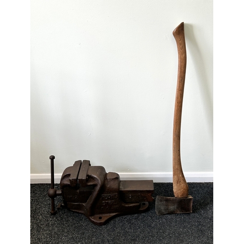 A large No.12 Fortis American jaw bench vice plus a USA axe by Warren No.4