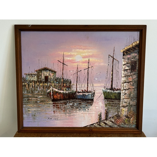 Max Savy, a framed oil on canvas of a harbour scene, signed lower left ...