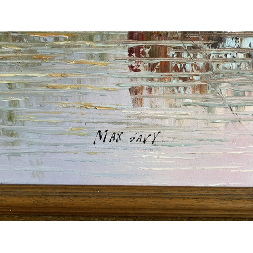 Max Savy, a framed oil on canvas of a harbour scene, signed lower left ...