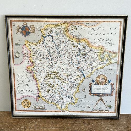 A 1960 framed and glazed copy of Saxton's map of Devonshire 1575, 18" x 17"