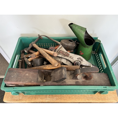 Five vintage car body shop hammers, a tin plate cutter, Castrol oil can ...