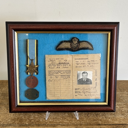 A framed WW2 RAF Identity Card with original wings, dogs tag and COPY ...