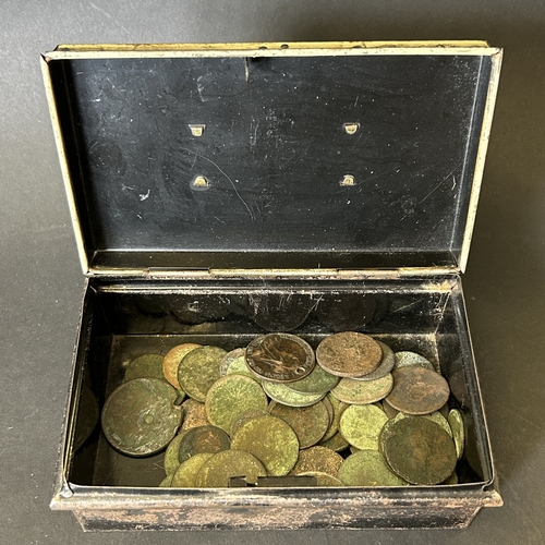 A small cash tin with mixed copper coinage etc