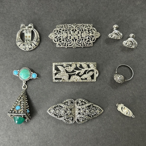 A collection of vintage mainly marcasite set brooches etc, one marked ...