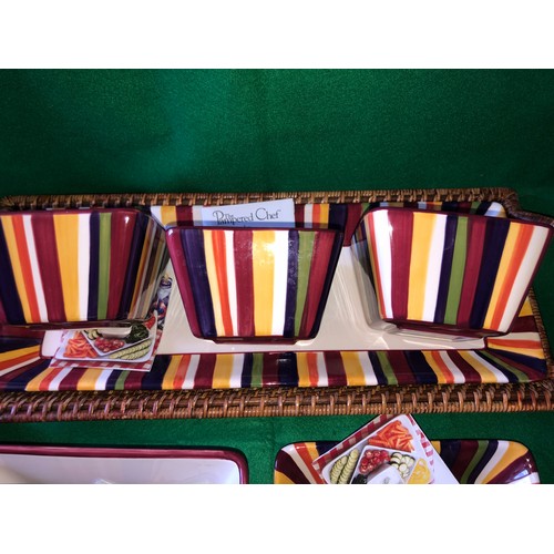 Set of Pampered Chef stripped chinaware. All new in boxes. No damage