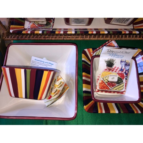 Set of Pampered Chef stripped chinaware. All new in boxes. No damage