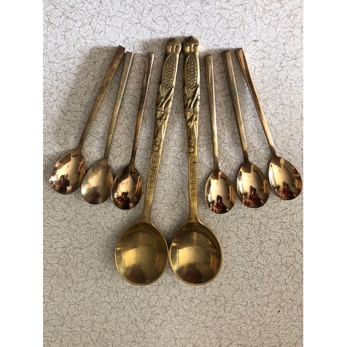 2 Chinese Bronze soup spoons and a set of 6 bronze tea spoons