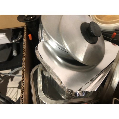Box of aluminium and other saucepans etc.