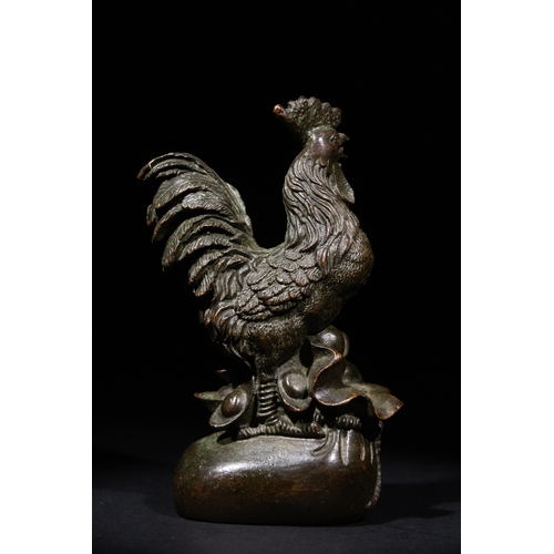 A Chinese Bronze Rooster with Auspicious Inscription. This finely cast ...