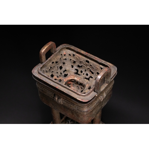 A Chinese Archaistic Bronze Square Ding Censer on Stand. A robust ...