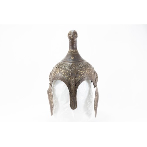 An Indian Islamic Brass Helmet Inlaid with Silver, Featuring a Bird ...
