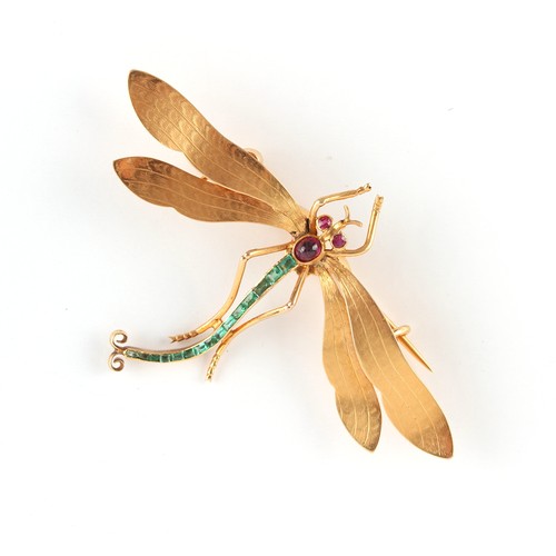 An unmarked gold (tests 14/15ct) emerald & ruby dragonfly brooch, with ...