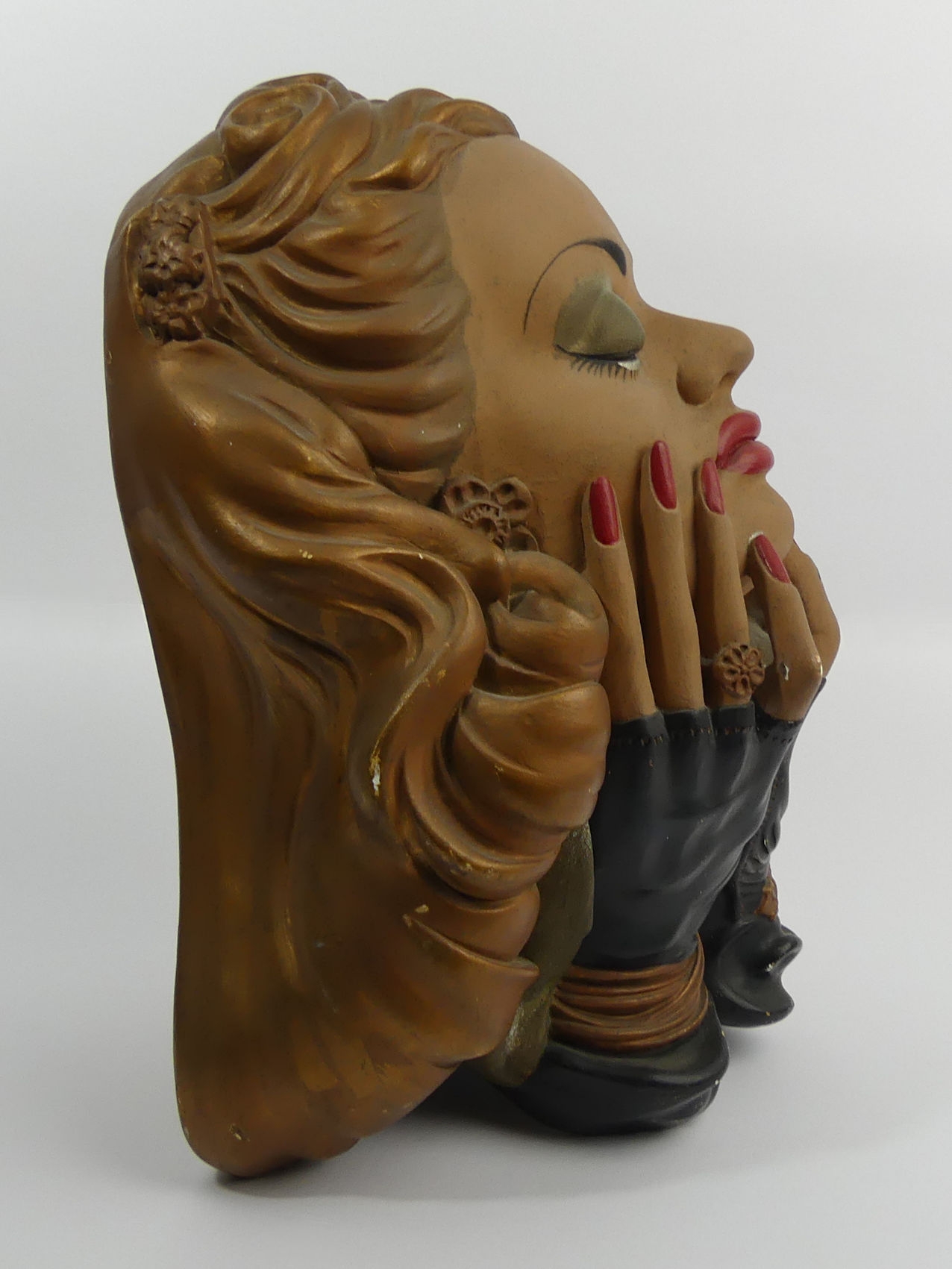 Large Art Deco pottery wall mask, 'Yvette' reg no 858810, 34cm x 25cm.