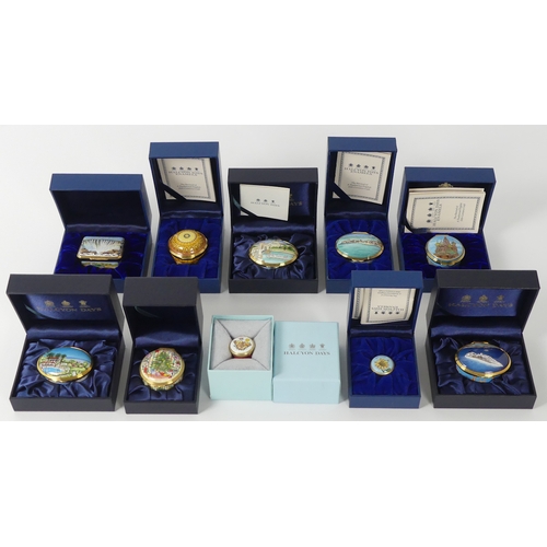 Ten boxed Halcyon Days enamel trinket boxes, including Budapest and ...